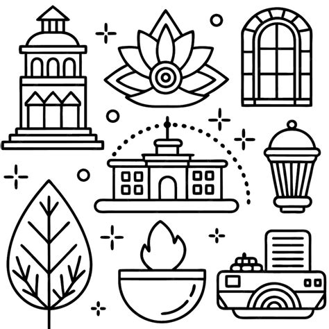 A Set Of Black And White Outline Illustrations Of A Building A Flower A Window A Tree A Building