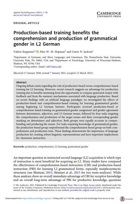 Pdf Production Based Training Benefits The Comprehension And Production Of Grammatical Gender