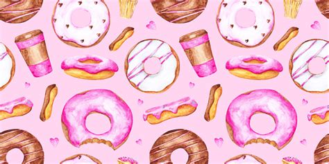 핑크색 배경에 베이커리 이음새가 없는 패턴 도넛 컵 케이크 커피 컵 및 에클레어가 끝없는 인쇄물에 담겨 있습니다 수채화 도넛 일러스트레이션 디저트 벽지 생일 배경 수채화에