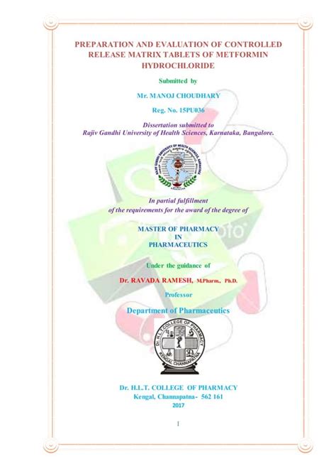Manoj Choudhary Preparation And Evaluation Of Controlled Release Matrix Tablets Of Metformin
