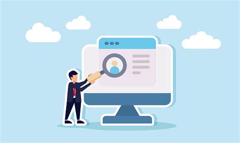 돋보기를 들고 데스크톱 앱에 표시되는 사람의 프로필을 관찰하는 사업가 직원 후보자 또는 성과를 필터링하고 모니터링하는 그림 감시에 대한 스톡 벡터 아트 및 기타 이미지