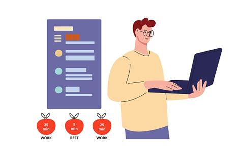 효과적인 시간 관리 인간은 성공적인 작업 타이밍을위한 컴퓨터 Pomodoro 기술로 작업합니다 학생 학습 및 모든 작업 수행 벡터 개념 건강관리와 의술에 대한 스톡 벡터