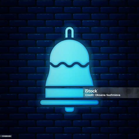 벽돌 벽 배경에 격리 빛나는 네온 벨 아이콘 알람 기호 서비스 벨 핸드 벨 기호 알림 기호입니다 벡터 일러스트레이션 교회에 대한 스톡 벡터 아트 및 기타 이미지 Istock