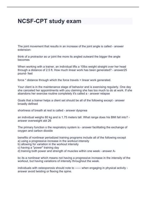 Ncsf Cpt Study Exam Questions And Answers 2024 Ncsf Stuvia Us