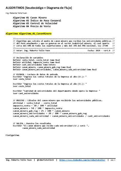 Algoritmos Ejercicios Resueltos Pseint Roberto Tello Yuen ALGORITMOS Seudocódigo Diagrama