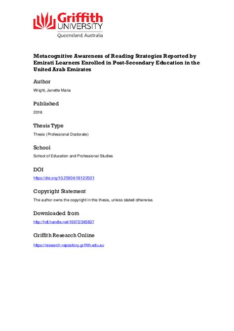 Pdf Metacognitive Awareness Of Reading Strategies Reported By Emirati Learners Enrolled In