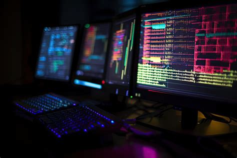 Computer Monitors In A Dark Room With A Lot Of Binary Code Modern