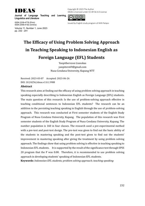 Pdf The Efficacy Of Using Problem Solving Approach In Teaching Speaking To Indonesian English