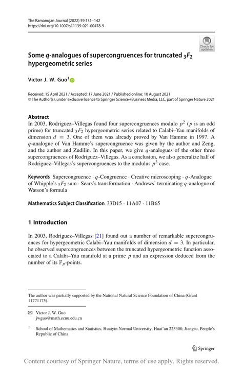Some Q Analogues Of Supercongruences For Truncated 3f2 Hypergeometric Series Request Pdf