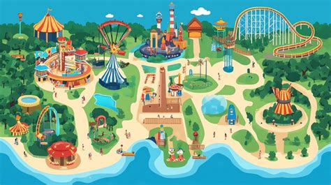 A Colorful Detailed Illustration Of An Amusement Park Map With Rides