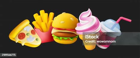 패스트 푸드 아이콘의 현실적인 세트의 벡터 그림입니다 햄버거 아이스크림 감자 튀김 피자 콜라 피자 아이스크림 감자 튀김 햄버거 및 소다의 3d 만화 스타일 패스트 푸드