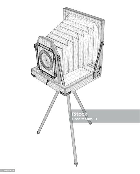 흰색 배경에 고립 된 검은 색 라인에서 빈티지 복고풍 카메라의 와이어 프레임 등등 측정 보기 3d 벡터 일러스트레이션 3차원