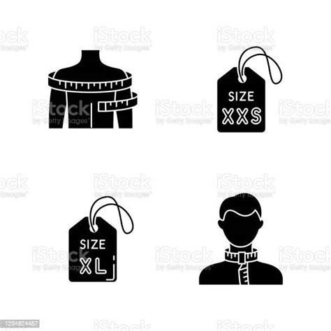 흰색 공간에 설정된 검은 색 글리프 아이콘을 측정하는 의류 크기 태그와 바디 Xs 및 Xxl 사이즈 라벨 목 및 어깨 둘레 맞춤형 의류 실루엣 기호 벡터 격리 된 그림