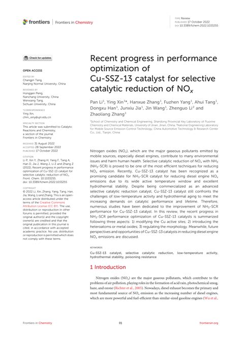 Pdf Recent Progress In Performance Optimization Of Cu Ssz 13 Catalyst For Selective Catalytic