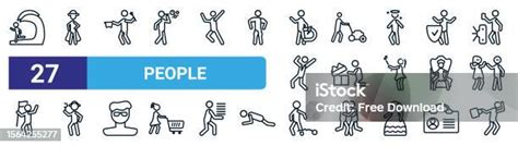 파도 위험 나폴레옹 피규어 마술사 소년 잔디를 깎는 사람 선물 상자 열기 해적 머리 전쟁 프리셔너 바람 벡터 아이콘을 걷는 남자와 같은 27개의 가는 선 사람들 아이콘 세트