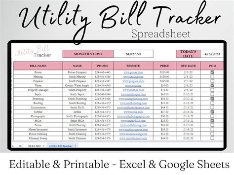 Utility Bill Tracker Excel Spreadsheet Utilities Tracker Etsy