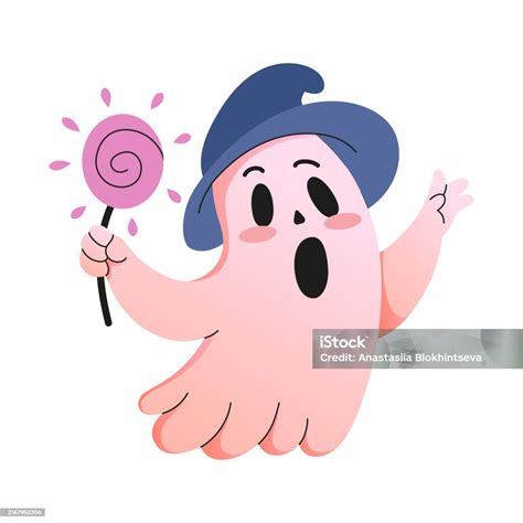 롤리팝과 함께 마녀 모자를 쓴 귀여운 유령 만화 폴터가이스트 재미 있는 죽음 얼굴 할로윈 캐릭터 10월에 대한 스톡 벡터 아트