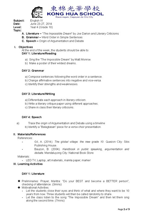 Year 4 Lesson Plan 2rd Week Subject English Iv Date June 23 27