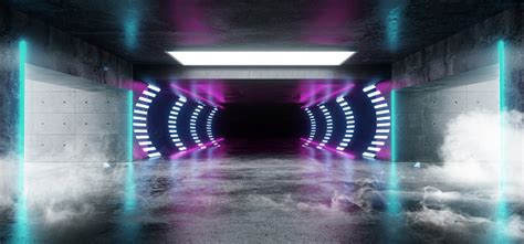 연기 빈 공상 과학 소설 미래 콘크리트 홀 차고 지 하 방 네온 빛나는 레이저 활기찬 자주색 파란 아치 건축 형광 조명 가상 무대 댄스 반사 3d 렌더링 0명에 대한 스톡