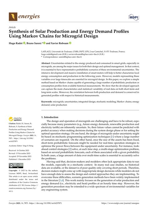 Pdf Synthesis Of Solar Production And Energy Demand Profiles Using Markov Chains For Microgrid