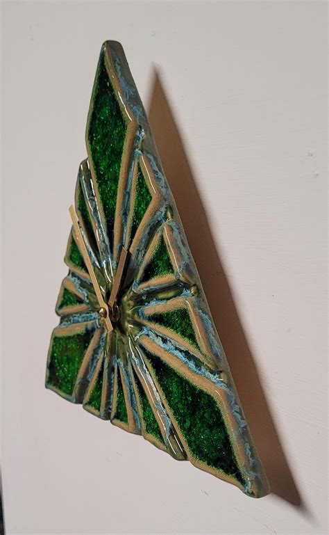 Hand Made Triangular Green Glazed Ceramic And Inlaid Glass Quartz Wall