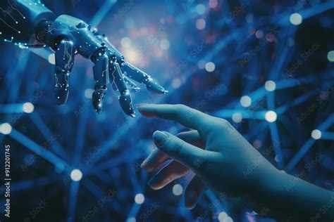 Human Like Robotic Hand Reaching Towards A Human Hand In Cyberspace Illustrating Concepts Of Ai