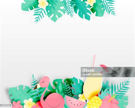 열 대 플라밍고와 꽃과 종이 예술 스타일과 파스텔 색 구성표에 칵테일 홍학에 대한 스톡 벡터 아트 및 기타 이미지 홍학 여름 공예 Istock