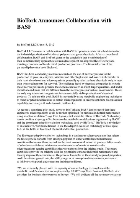 Biotork Announces Collaboration With Basf