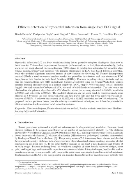 Pdf Efficient Detection Of Myocardial Infarction From Single Lead Ecg