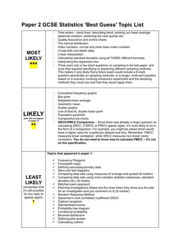 Gcse Statistics 2025 Paper 2 Prediction Topic List Teaching Resources