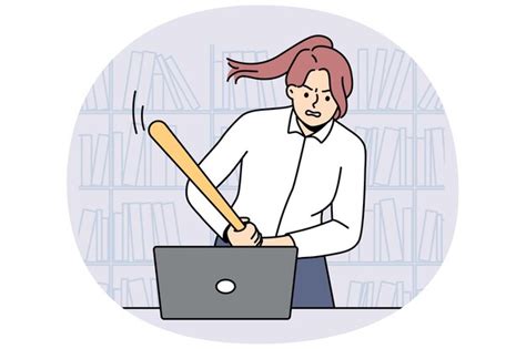 Premium Vector Furious Businesswoman Crash Computer With Bat