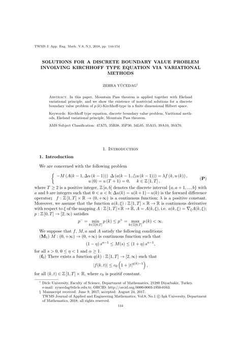 Pdf Solutions For A Discrete Boundary Value Problem Involving Kirchhoff Type Equation Via