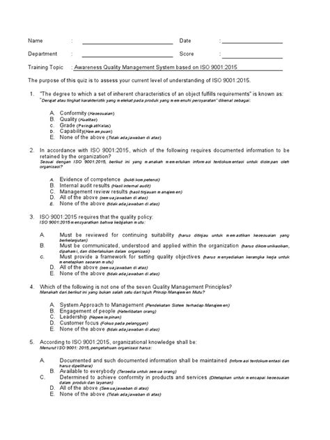 Training Quiz Iso 9001 2015 Print Pdf
