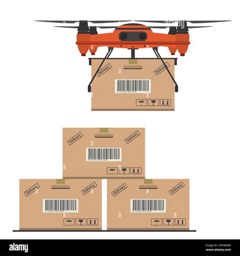 Drone Delivery With Box And Pile Of Parcel Boxes Cartoon Quadcopter With Cargo Future