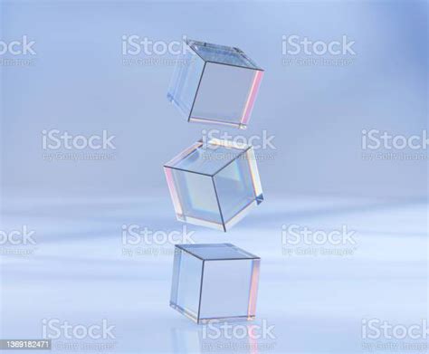 파란색 텍스처 배경에서 서로 다른 각도로 비행하는 3d 렌더링 유리 또는 플라스틱 큐브 아크릴 또는 플렉시 글라스의 클리어