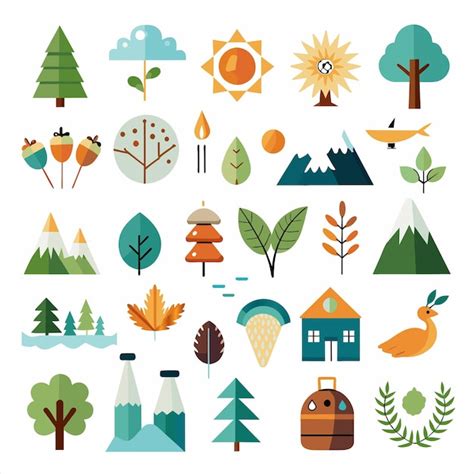 태양 나무와 산을 포함한 다양한 나무와 관목의 컬렉션 프리미엄 벡터