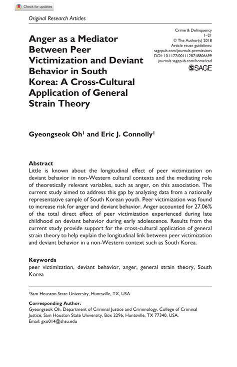 Pdf Anger As A Mediator Between Peer Victimization And Deviant Behavior In South Korea A