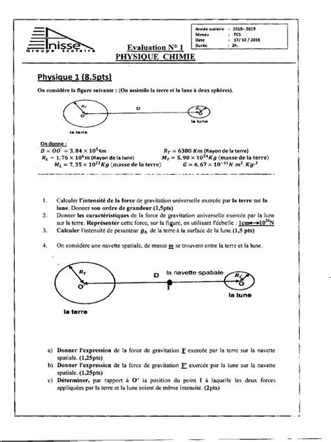 Devoir 1 Physique Et Chimie Tronc Commun 1er Semestre Sections Internationales Option Francais