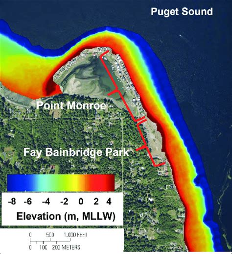 interpolated bathymetry from acoustic survey and topographic data at