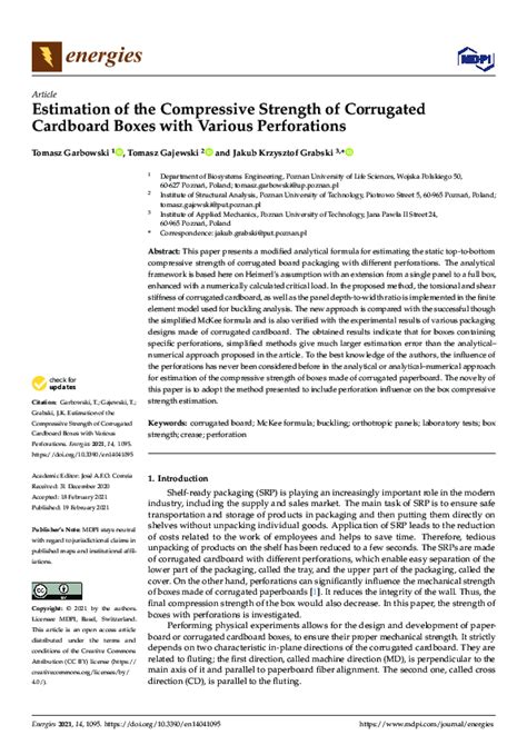 Pdf Estimation Of The Compressive Strength Of Corrugated Cardboard Boxes With Various