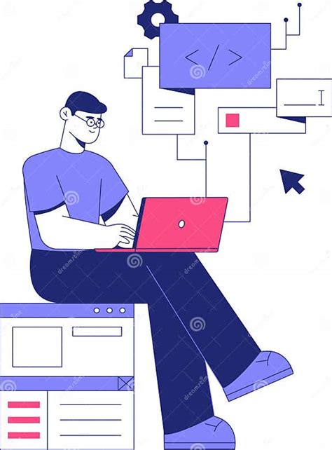 male character working on laptop with coding elements in flat vector