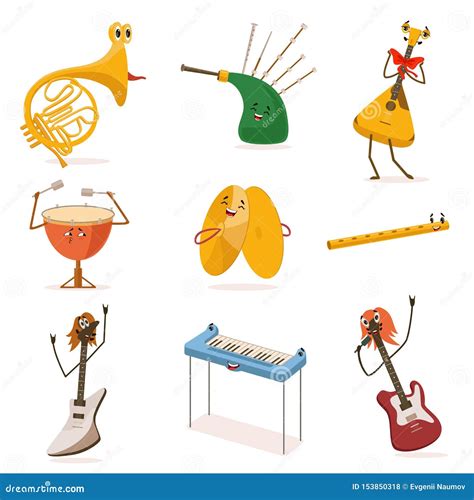 Funny Musical Instruments Cartoon Characters With Funny Faces Set Guitar Synthesizer Flute