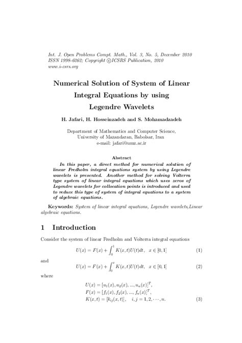 Pdf Numerical Solution Of System Of Linear Integral Equations By Using Legendre Wavelets