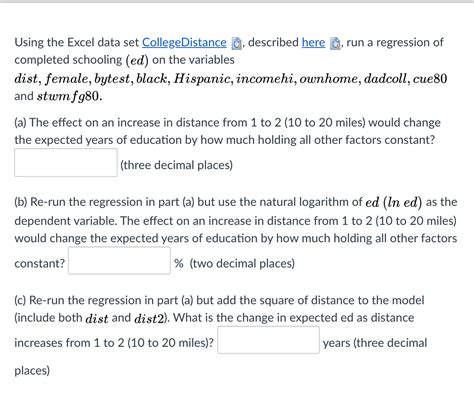 using the excel data set college distance described