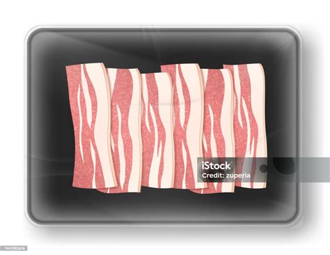 투명한 플라스틱 패키지에 신선한 베이컨 플라스틱 쟁반 또는 진공 포장 용기에 고기 건강한 식생활에 대한 스톡 벡터 아트 및 기타 이미지 건강한 식생활 고기 날것