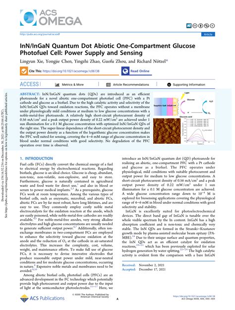 Pdf Inn Ingan Quantum Dot Abiotic One Compartment Glucose Photofuel Cell Power Supply And Sensing