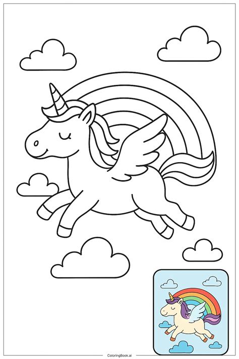 무지개 앞에서 날아다니는 유니콘 색칠하기 페이지 무료 Pdfandpng 인쇄 가능