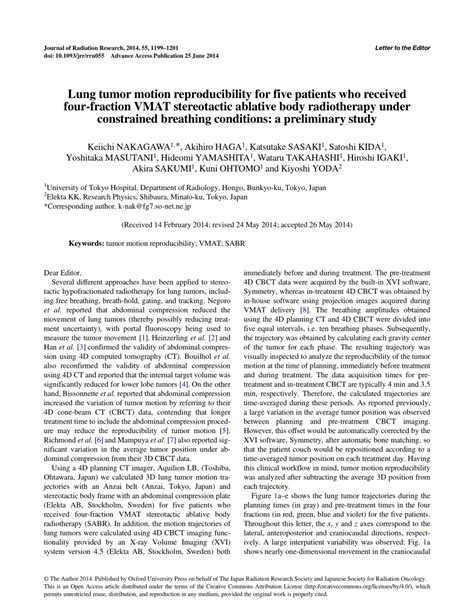 Pdf Lung Tumor Motion Reproducibility For Five Patients Who Received Four Fraction Vmat