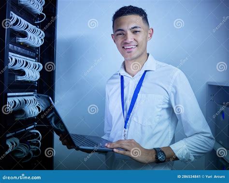 Man Electrician And Computer In Server Room Inspection Cybersecurity Maintenance And It Cables