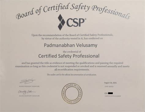Received The Csp Certified Safety Professional Certification From